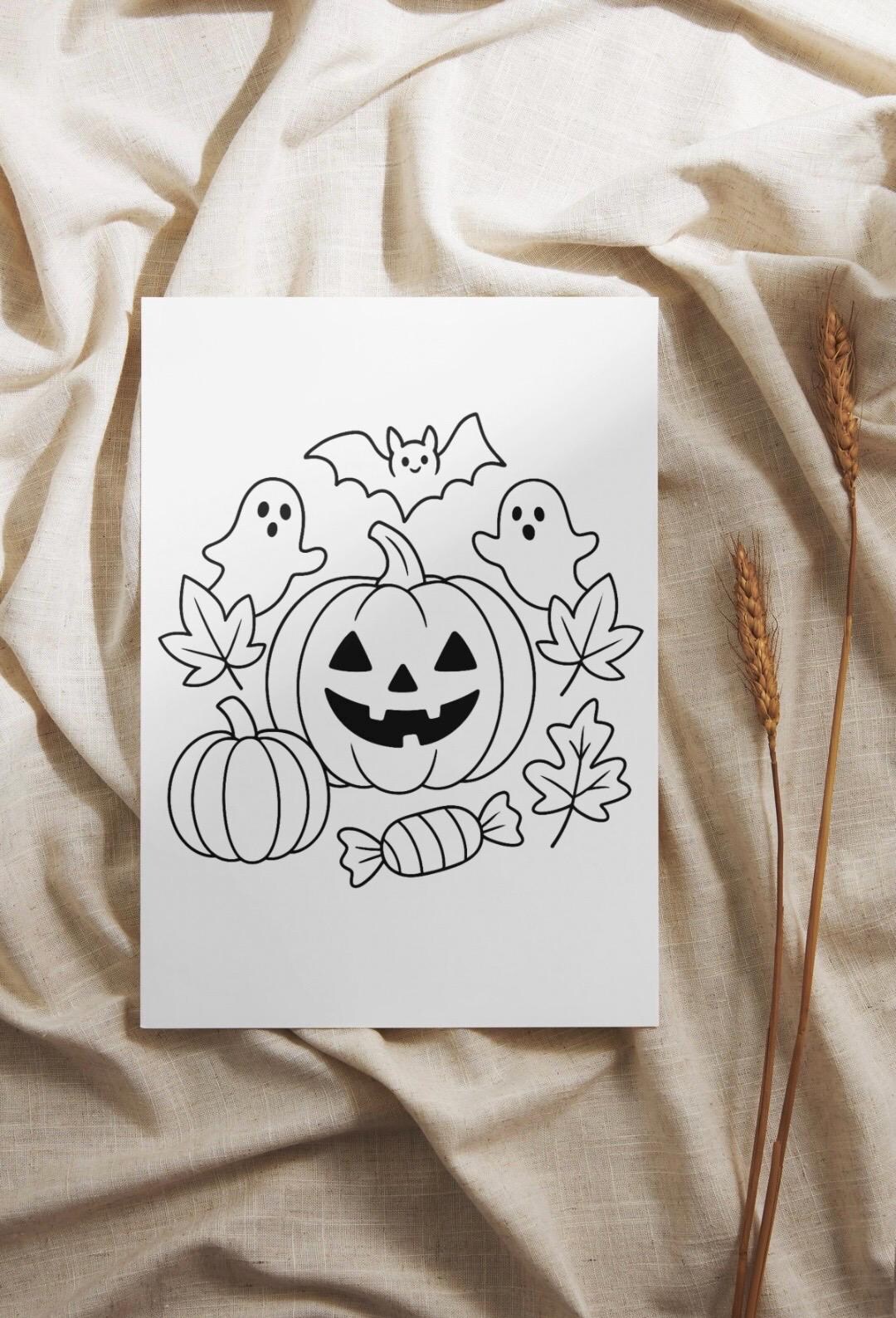 Halloween Coloring Page for Kids – Cute Pumpkin, Ghosts & Bat ...