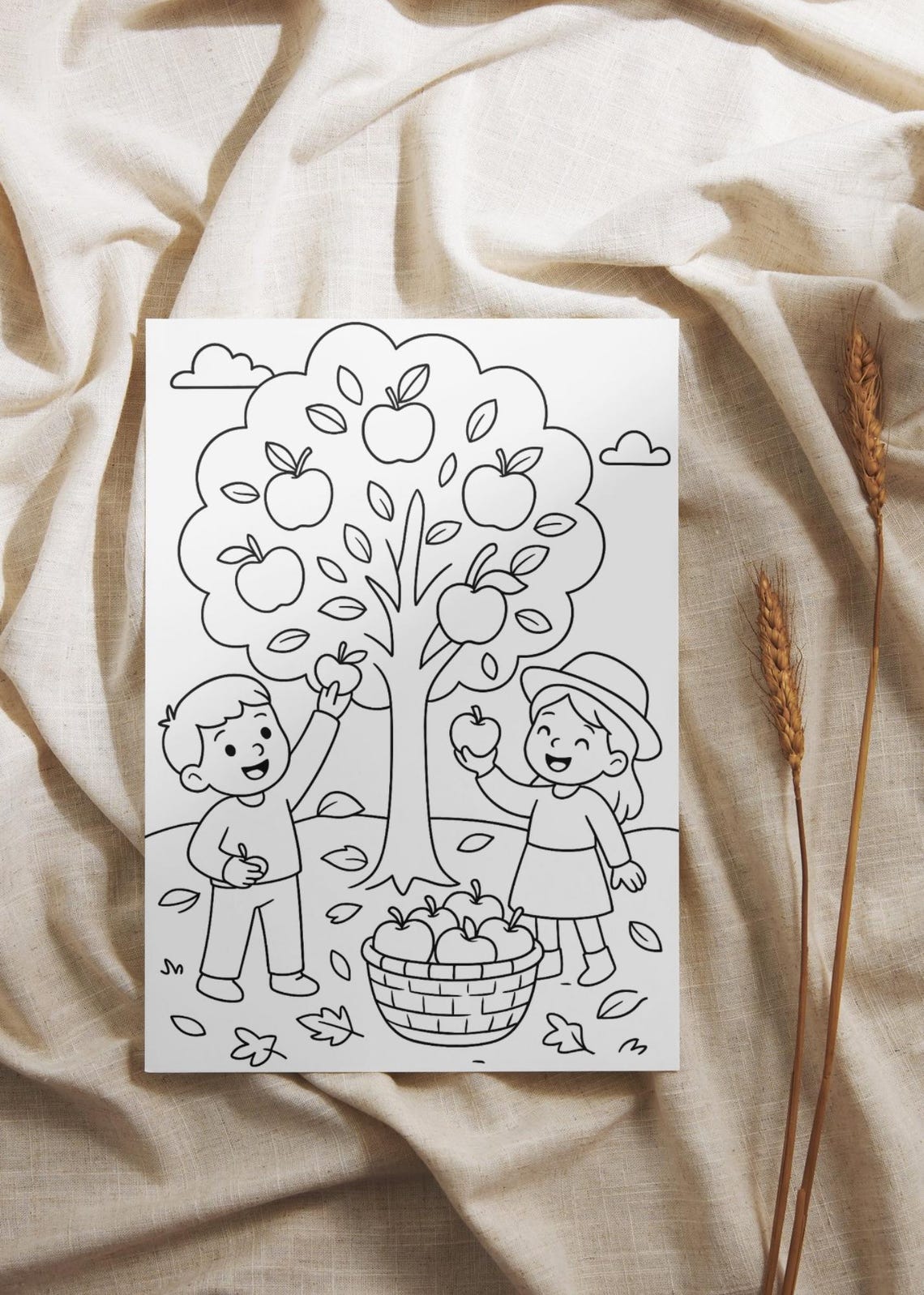 Thanksgiving Coloring Page for Kids – Children Picking Apples ...