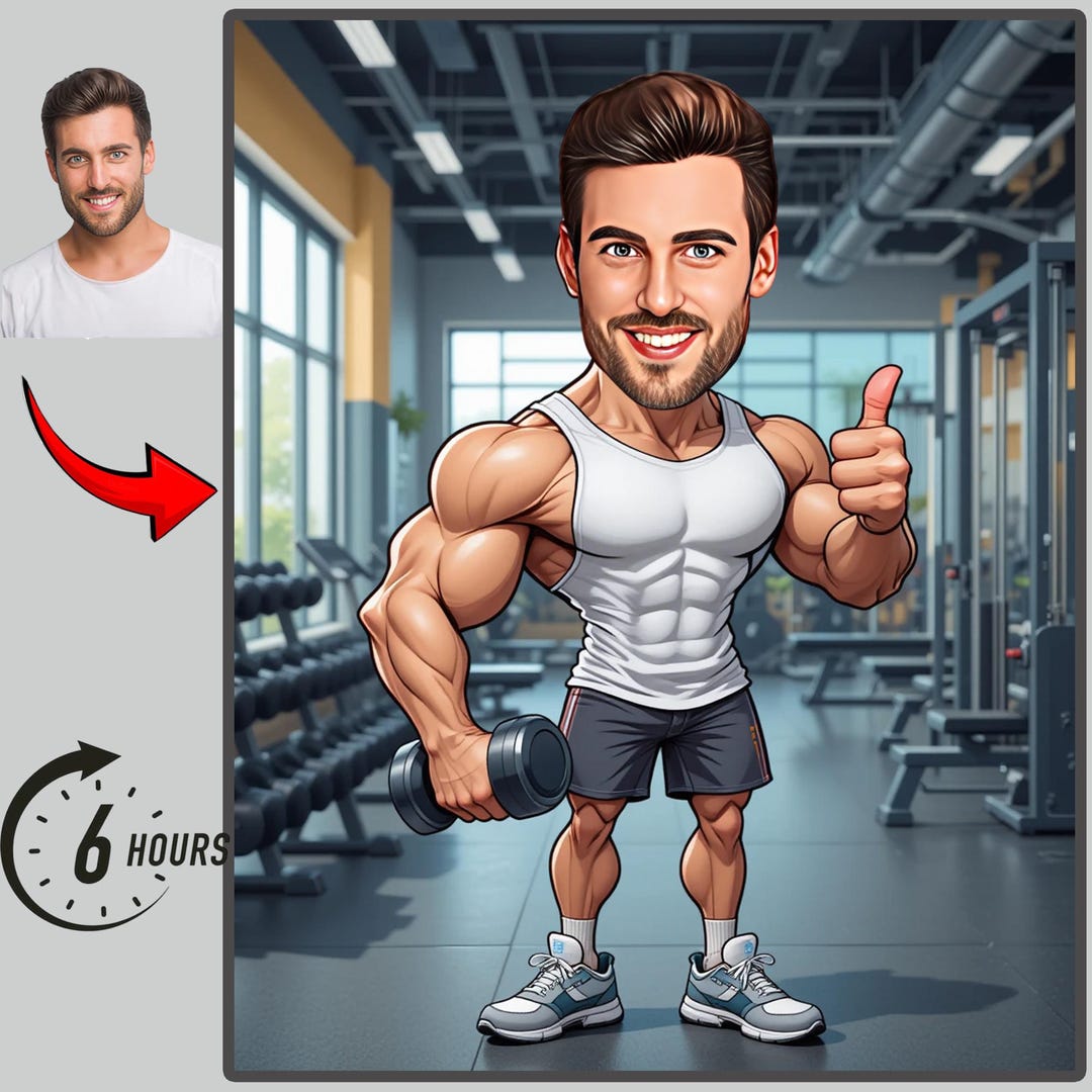 Fitness Cartoon Caricature for Men – Custom Bodybuilder Portrait With ...