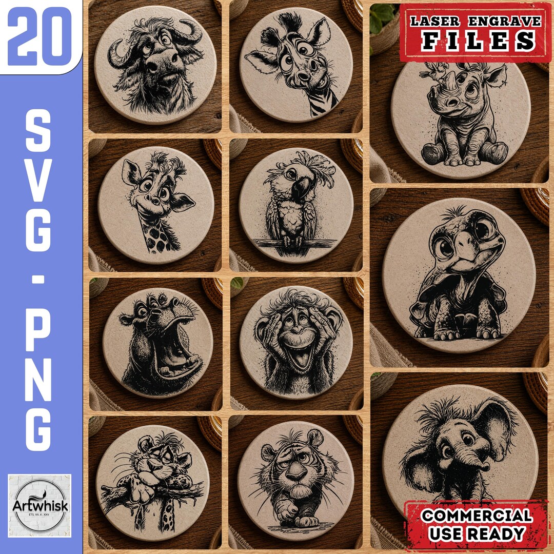 Quirky Safari Animals SVG: Laser Engrave File Coaster & Wall Art ...