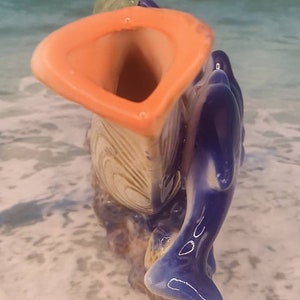 Triple DOLPHIN BUD VASE ~ Pottery 1970's ~ Three Dolphins ~ Clamshell ...