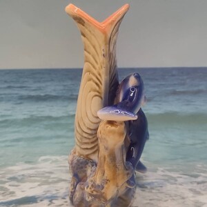 Triple DOLPHIN BUD VASE ~ Pottery 1970's ~ Three Dolphins ~ Clamshell ...