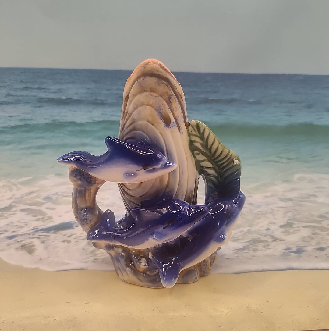 Triple DOLPHIN BUD VASE Pottery 1970's Three Dolphins Clamshell Art ...