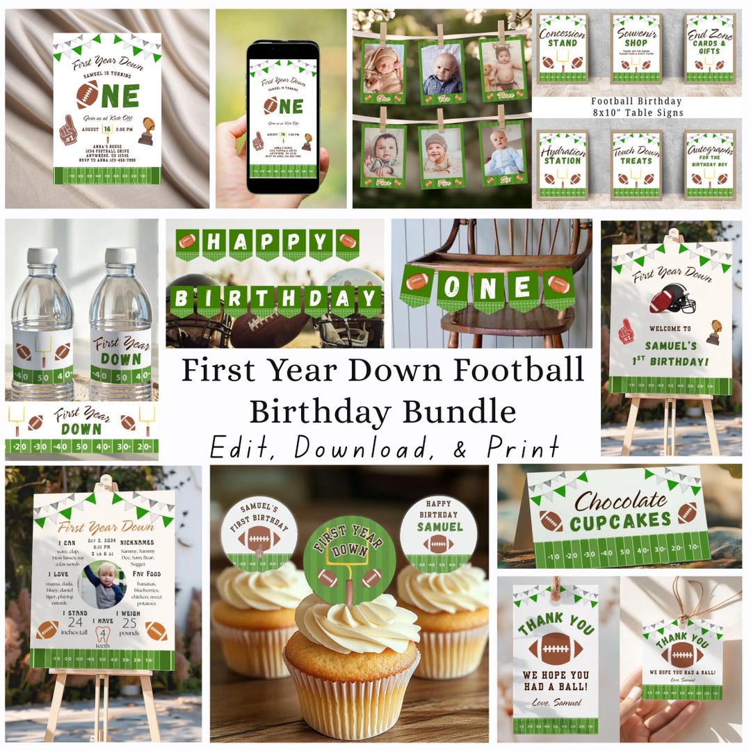 First Year Down Birthday Bundle, Printable Football Birthday Party ...