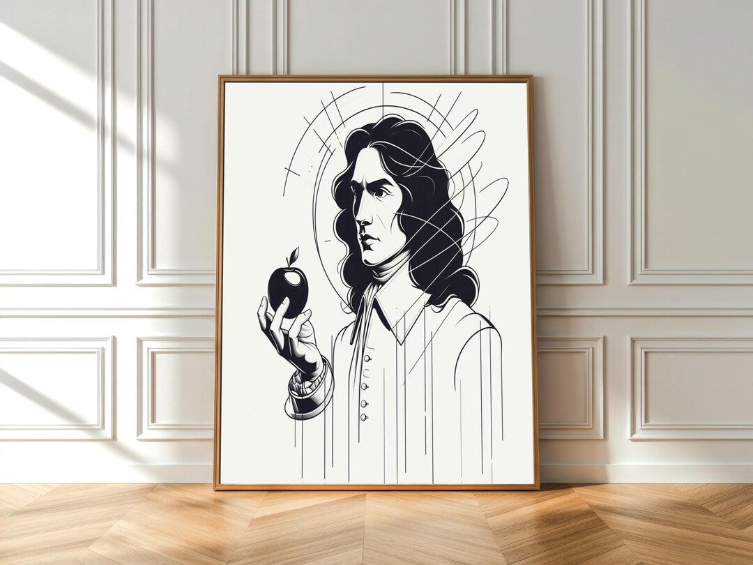 Isaac Newton Minimalist Wall Art – Black and White Line Portrait, Apple ...