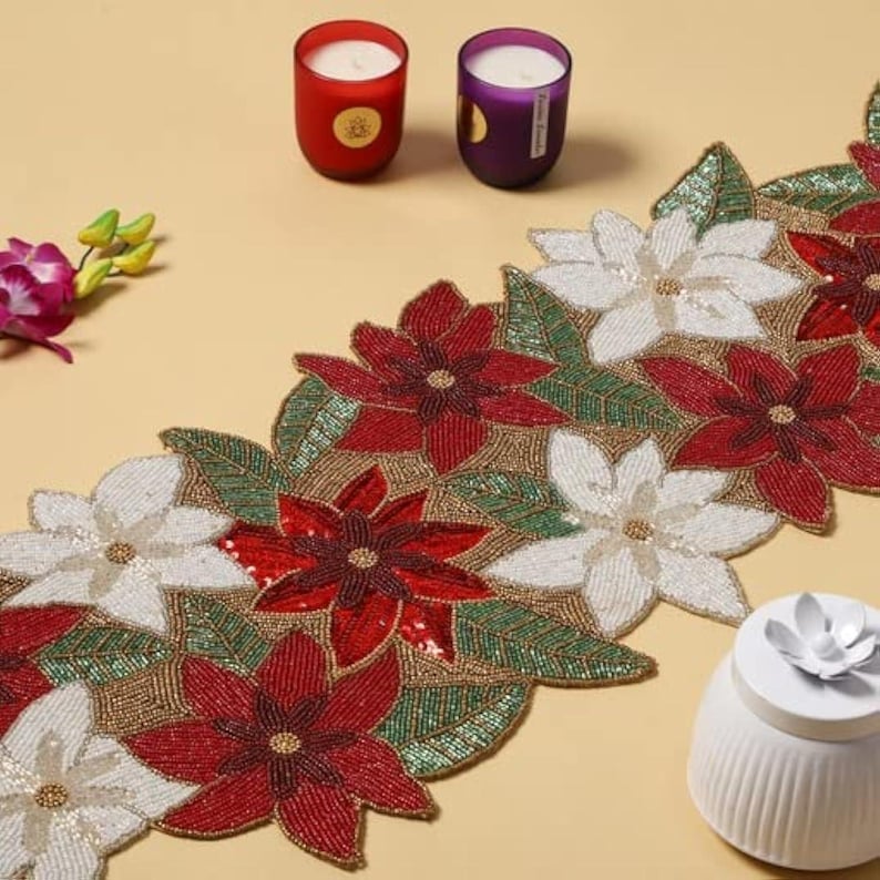 Cotton Beautiful Silver Beaded Table Runner Craftsmanship, Thanksgiving ...