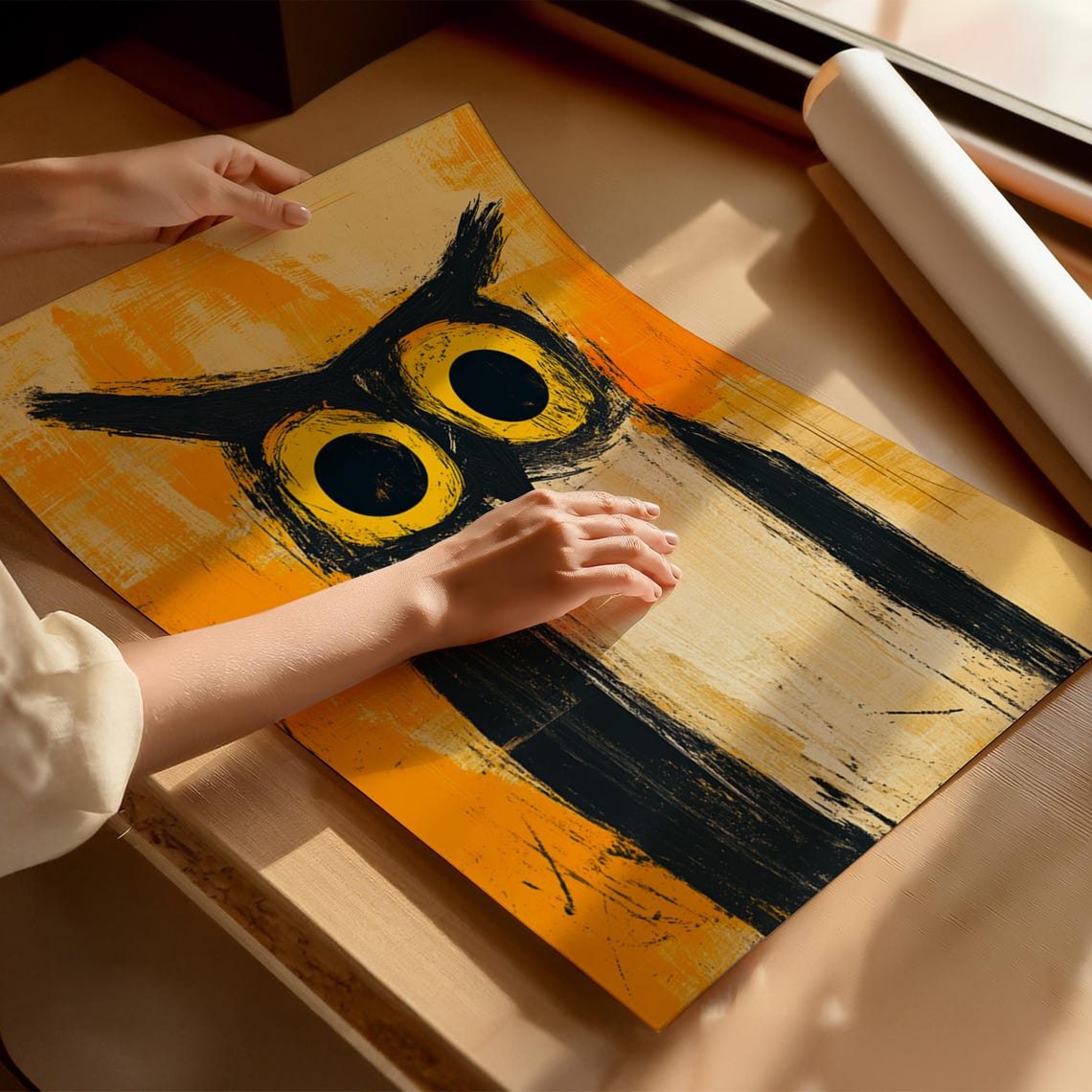 Owl Wall Art Print, Bold Graphic Animal Poster, Modern Yellow Bird ...
