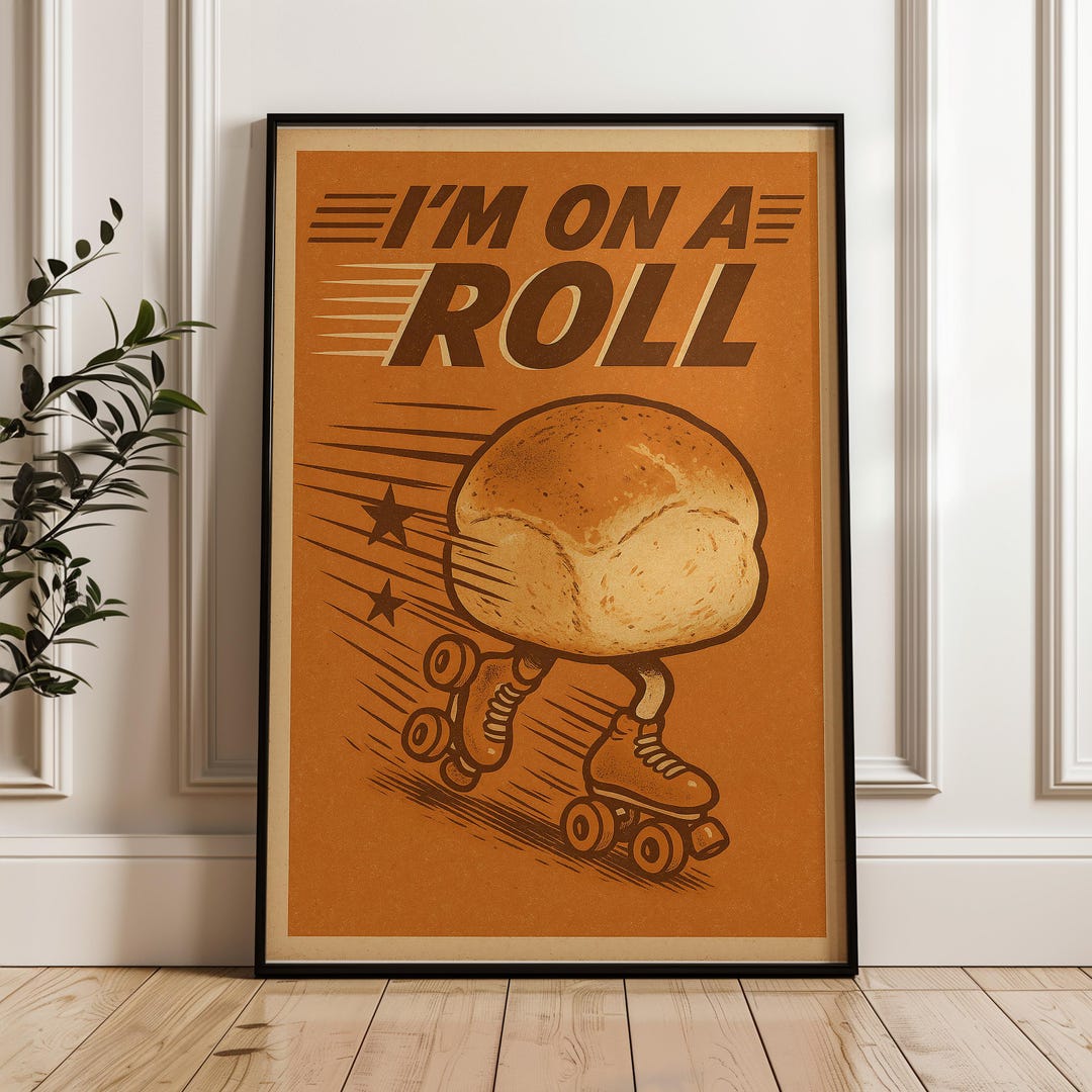 Funny Bread Pun Poster: Retro Roller Skating Bun Kitchen Art - Etsy