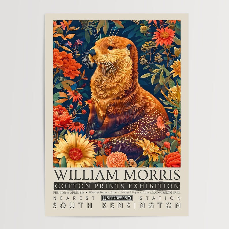 Otter Wall Art Print, William Morris Style Botanical Wildlife Decor ...