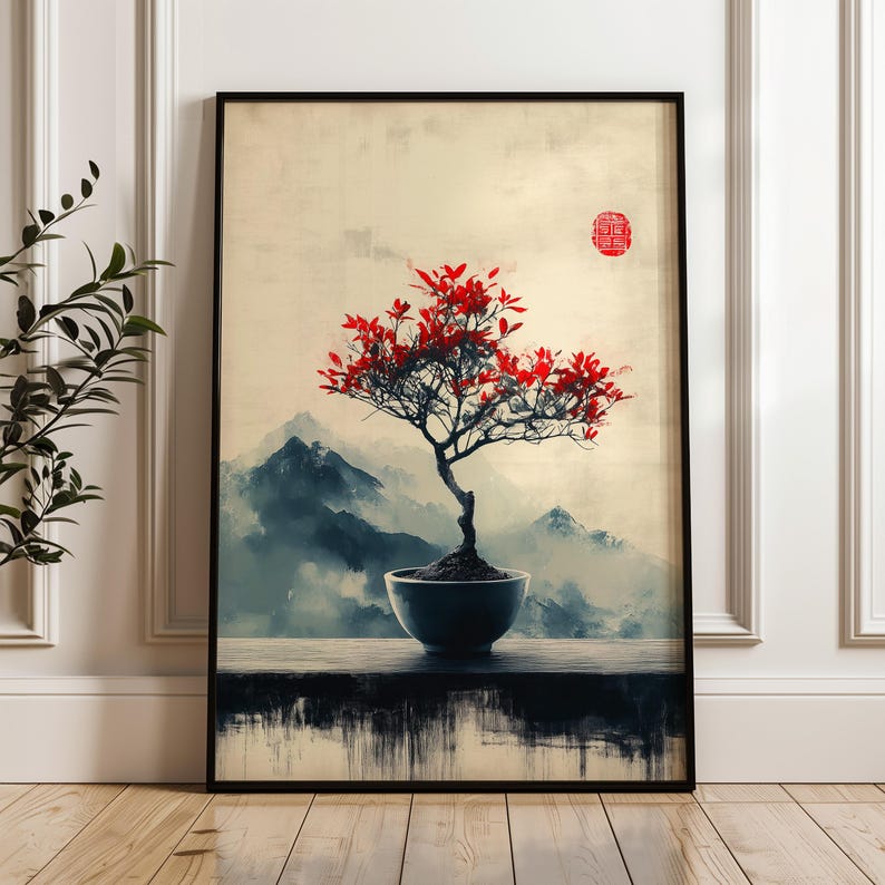 Japanese Bonsai Wall Art: Red Leaves, Sumi E Style - Zen Decor - Etsy UK