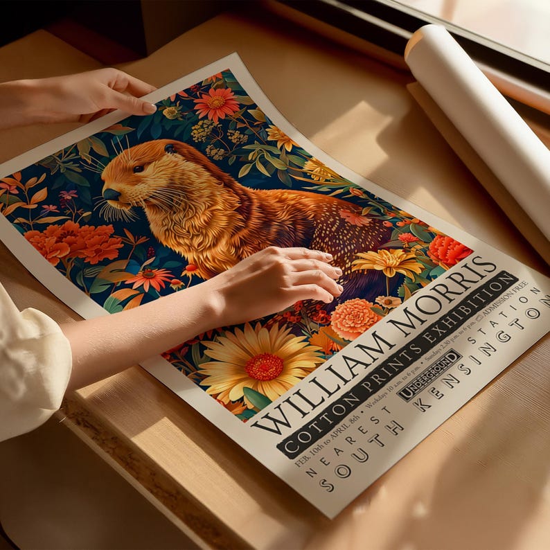 Otter Wall Art Print, William Morris Style Botanical Wildlife Decor ...