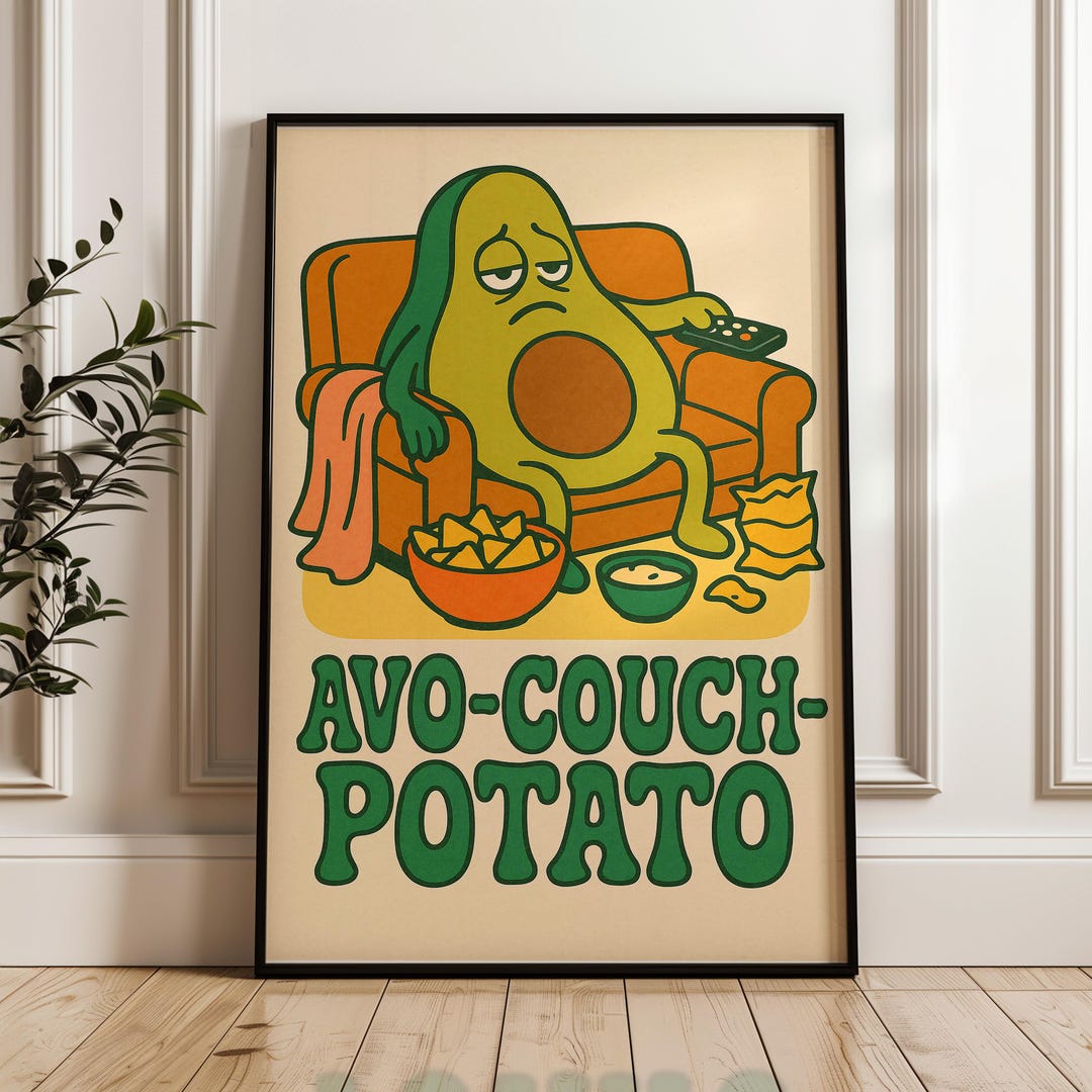 Funny Avocado Couch Potato Print: Retro Food Pun Wall Art - Etsy