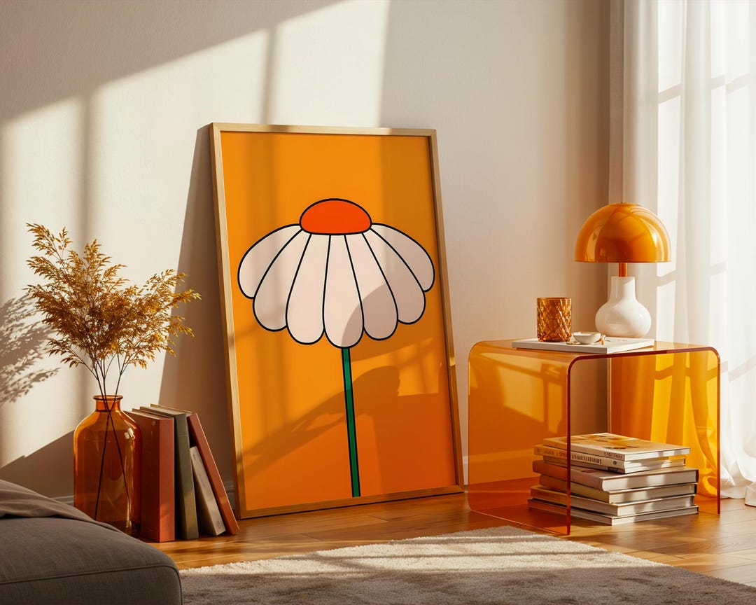Retro Daisy Art Print, 70s Groovy Flower Power Poster, Minimalist ...