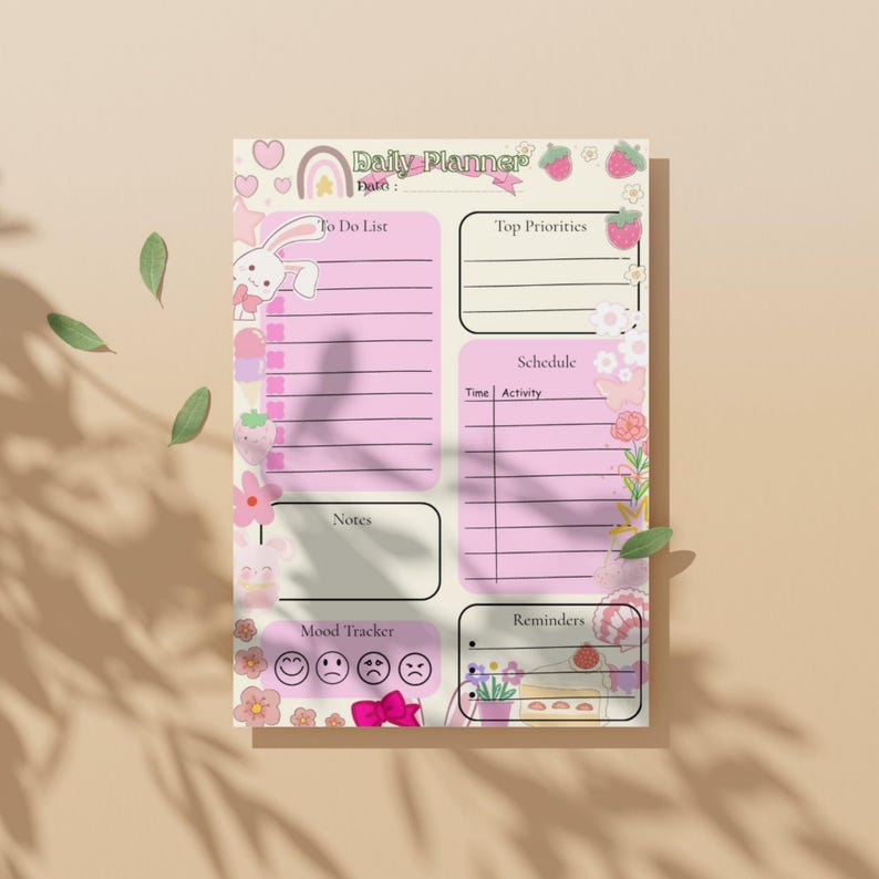 Cute Kawaii Daily Planner Printable | Pastel Pink & Beige Aesthetic ...