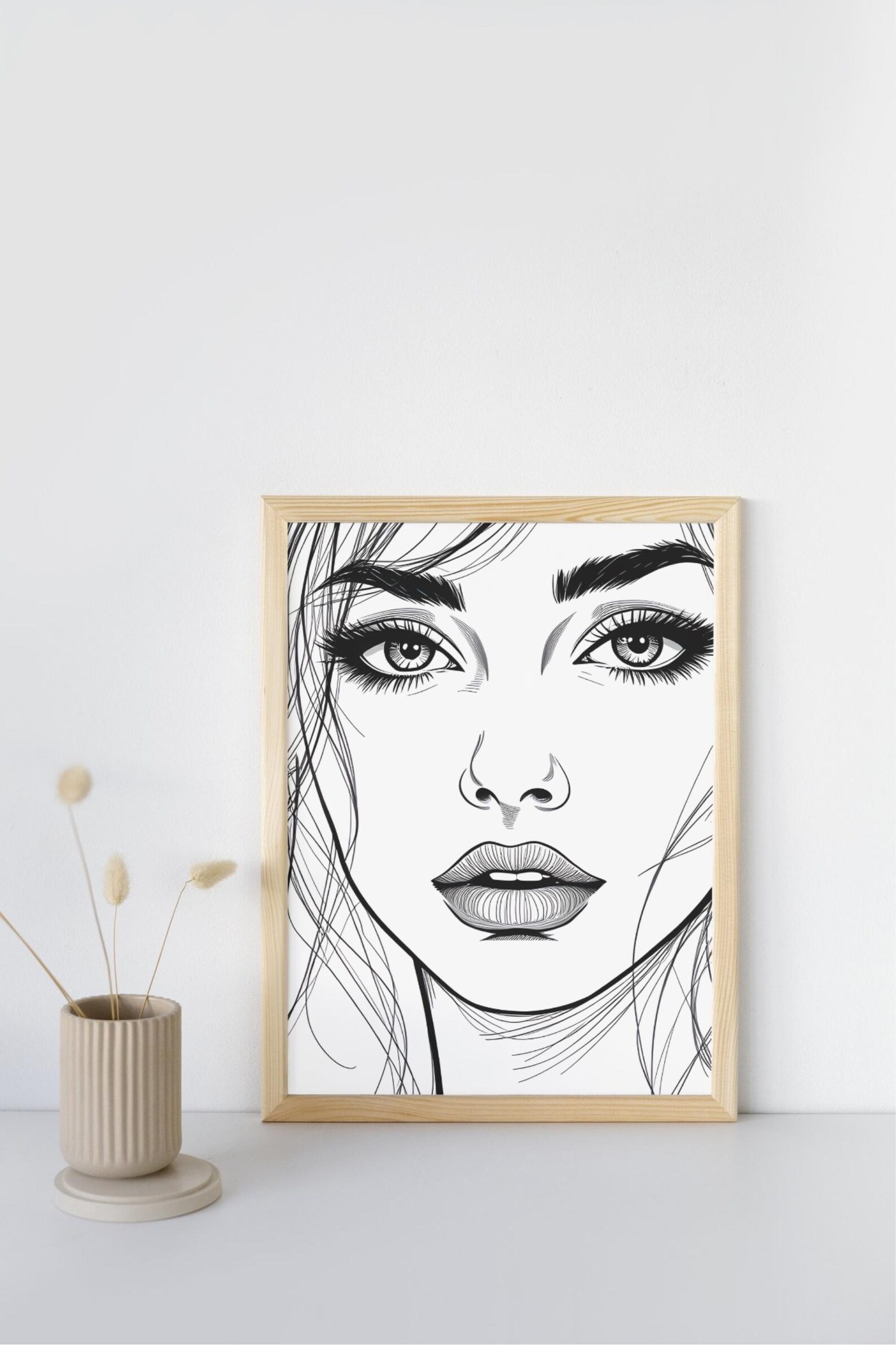 Minimalist Line Drawing of Female Face - Digital Art Print, Modern Wall ...
