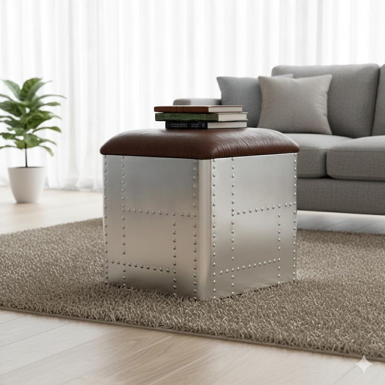 Aviator Ottoman Side Table: Brown Leather & Riveted Aluminum, Toy ...