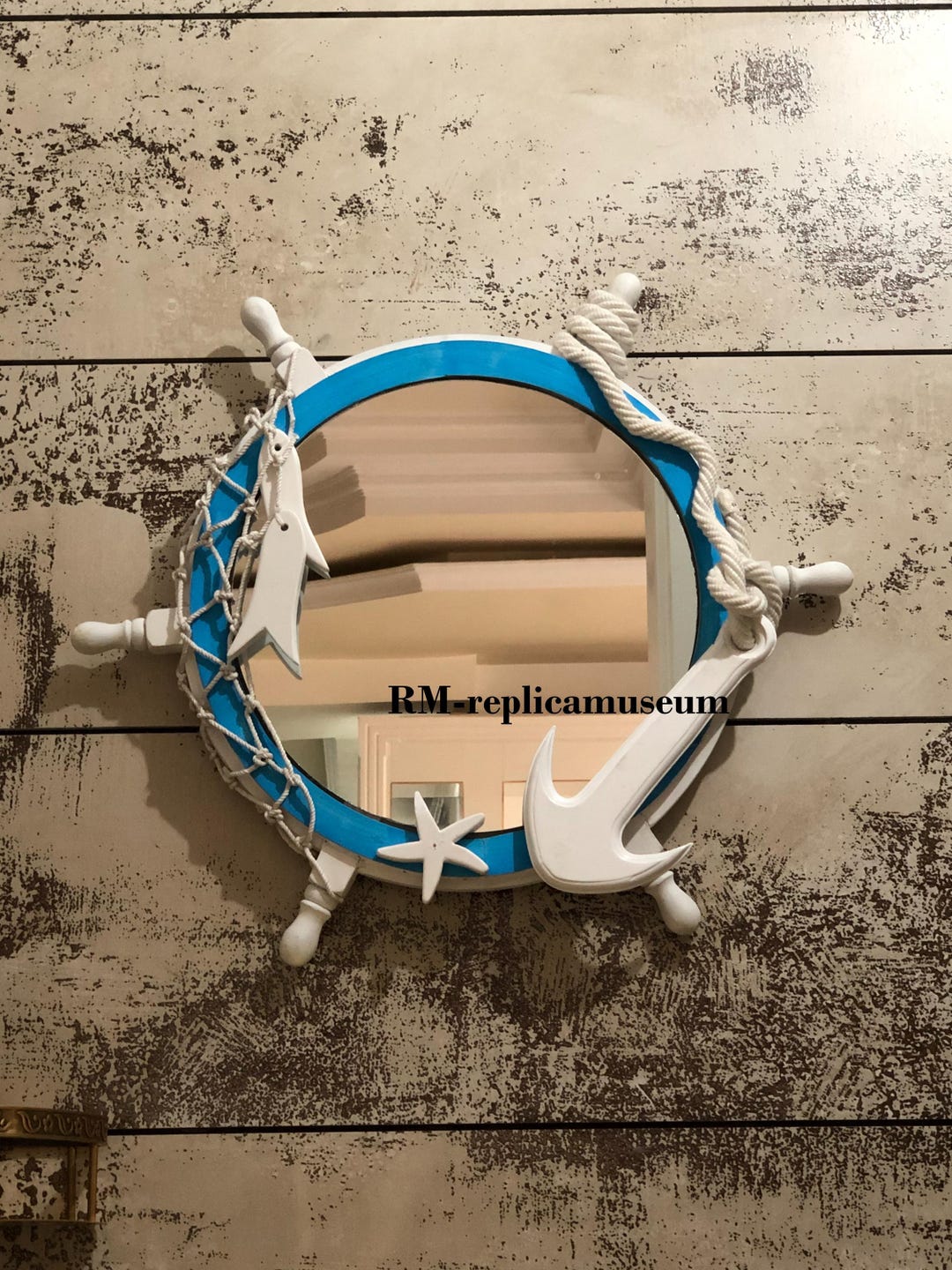 Wooden Ship Wheel Mirror With Rope Knot Wall Art Decor Nautical Beach ...