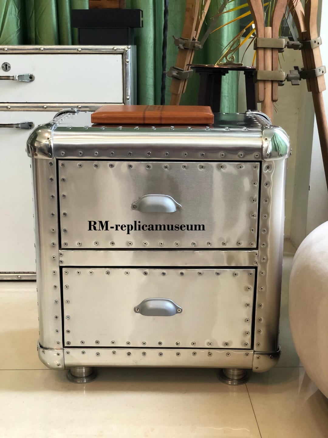 Aviator Aluminum Studded 2 Drawer Bedside Cabinet - Aviator Bedside ...