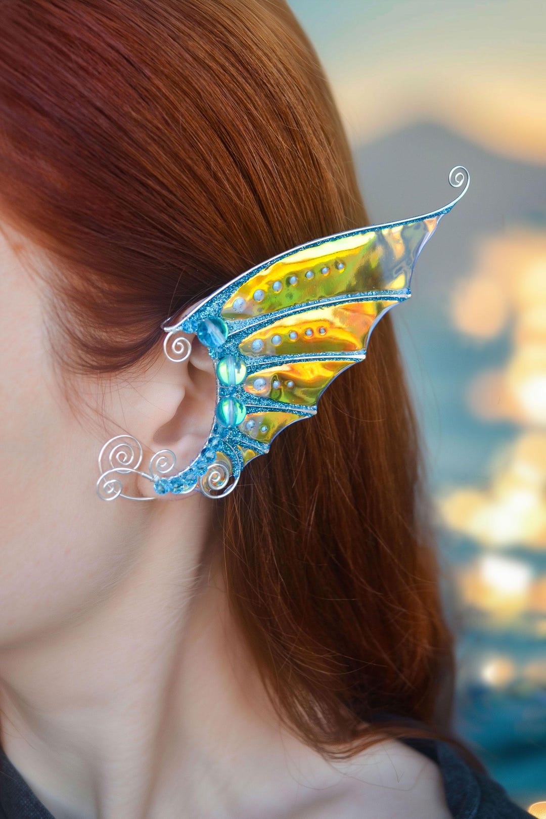Iridescent Mermaid Ear Cuffs: Blue & Gold Fantasy Cosplay Jewelry, No ...