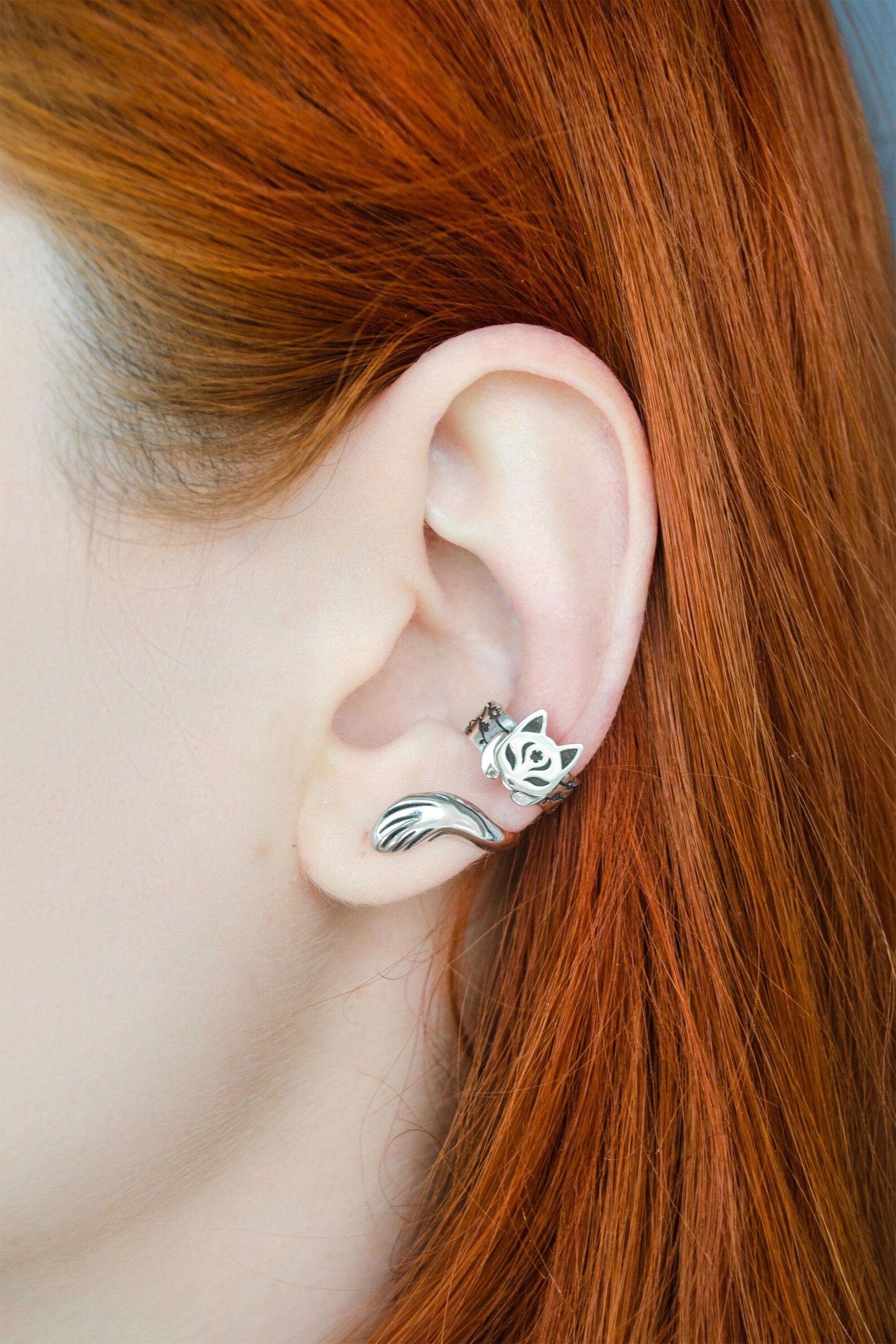 Kitsune Ear Cuff Silver Japanese Cat Earrings No Piercing Cartilage ...