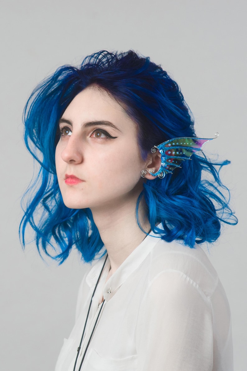 Iridescent Mermaid Ear Cuffs: Blue & Gold Fantasy Cosplay Jewelry, No ...