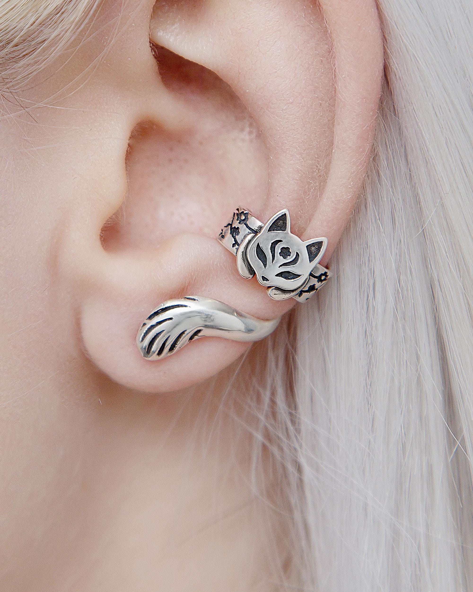 Kitsune Ear Cuff Silver Japanese Cat Earrings No Piercing Cartilage ...