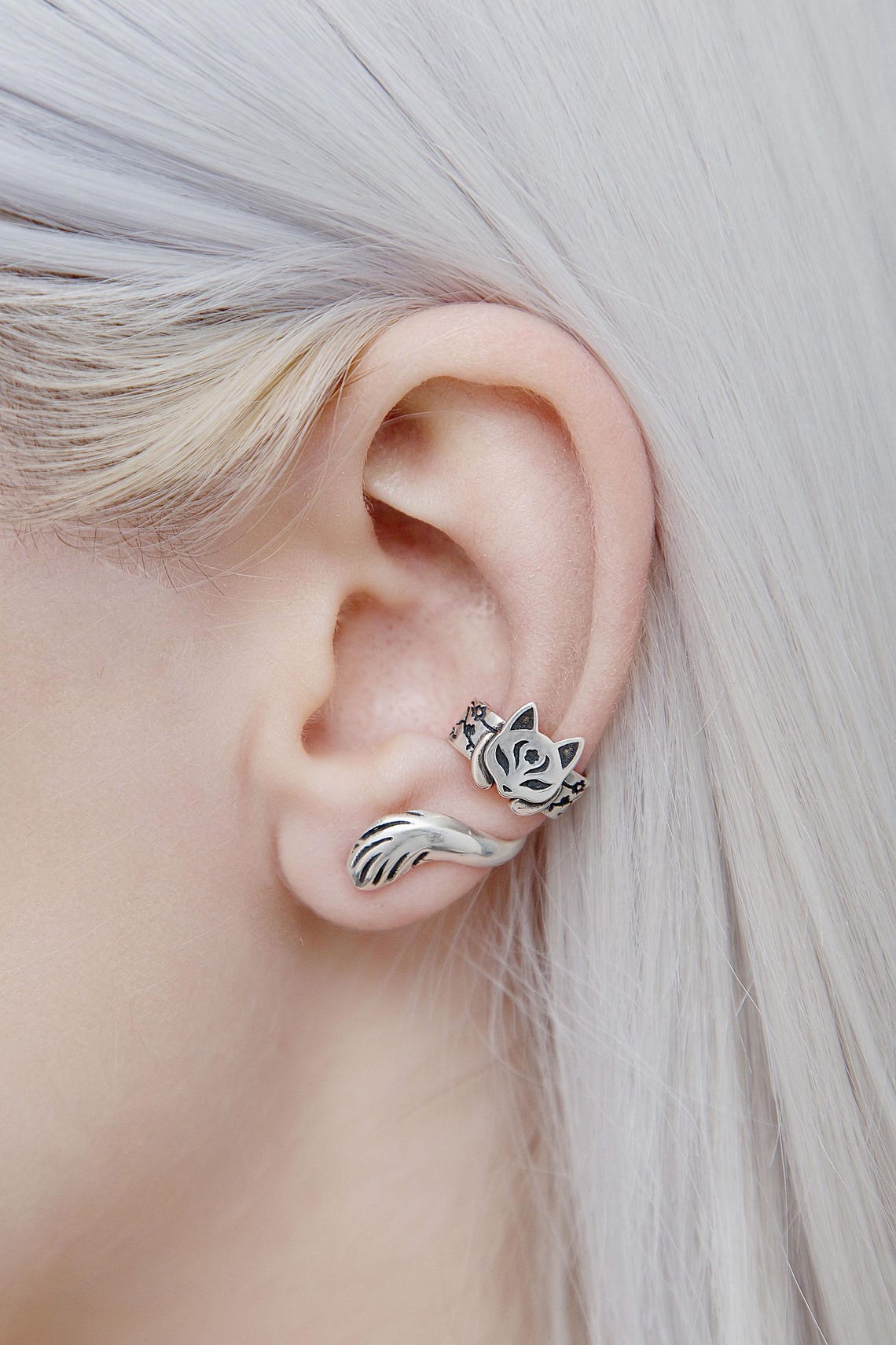 Kitsune Ear Cuff Silver Japanese Cat Earrings No Piercing Cartilage ...
