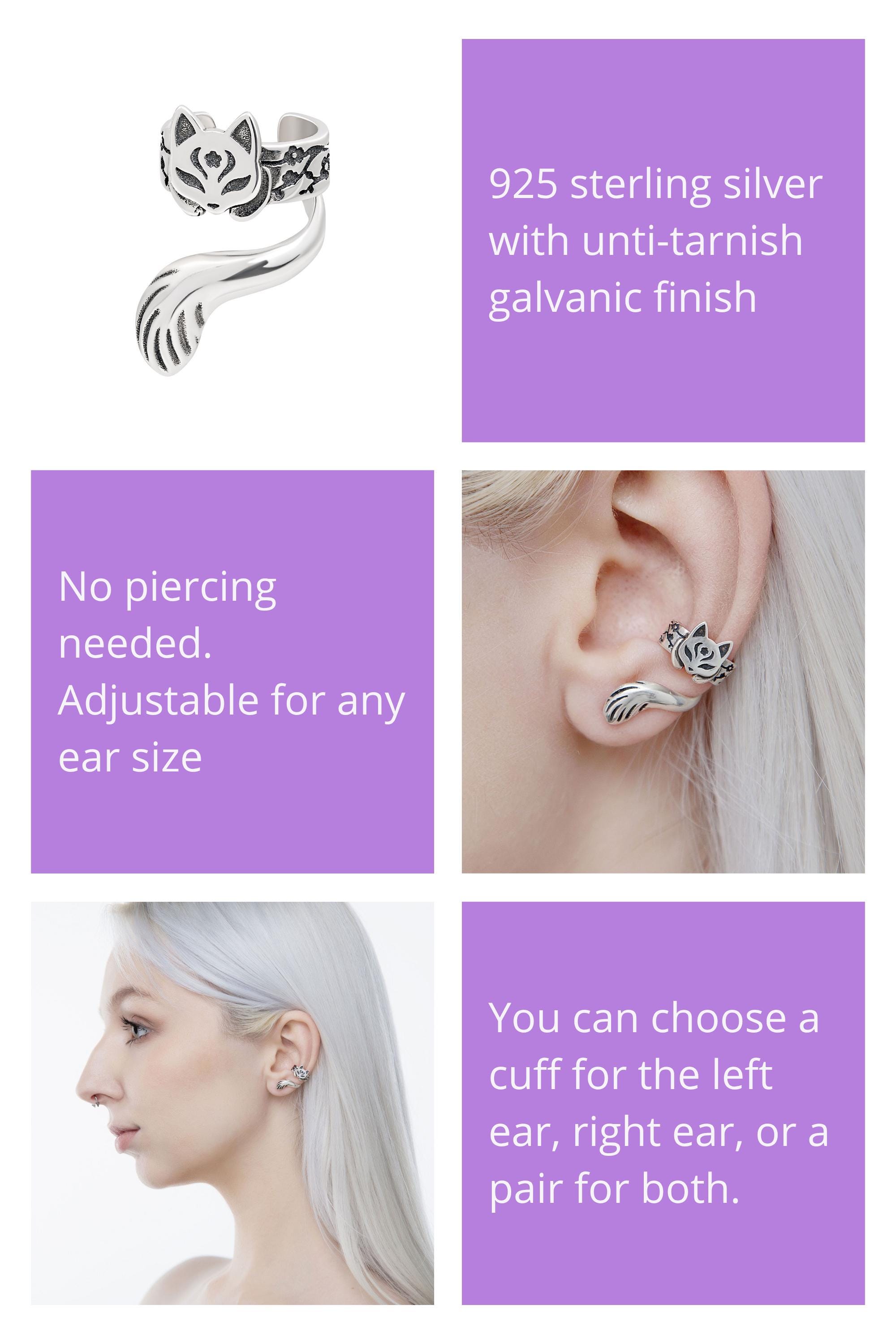 Kitsune Ear Cuff Silver Japanese Cat Earrings No Piercing Cartilage ...