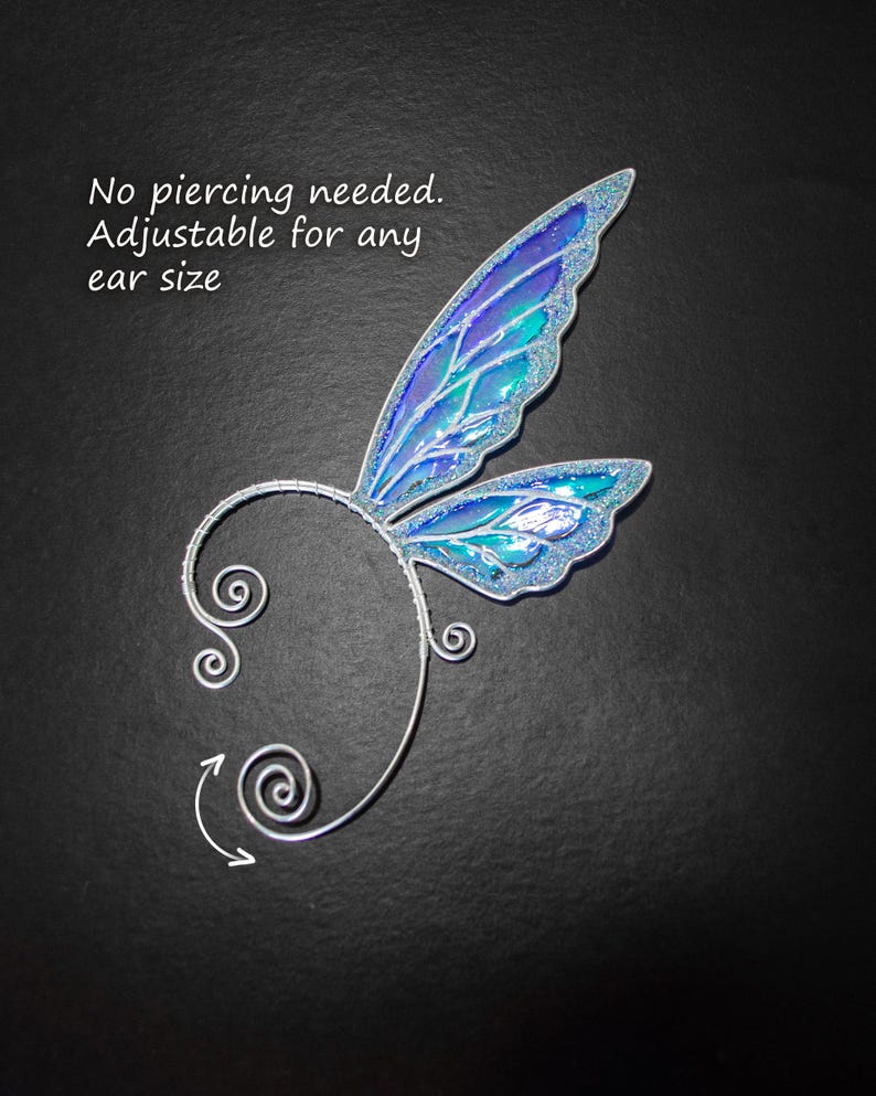 Fairy Wing Ear Cuff – Iridescent Blue White Elf Earring, Fantasy No ...