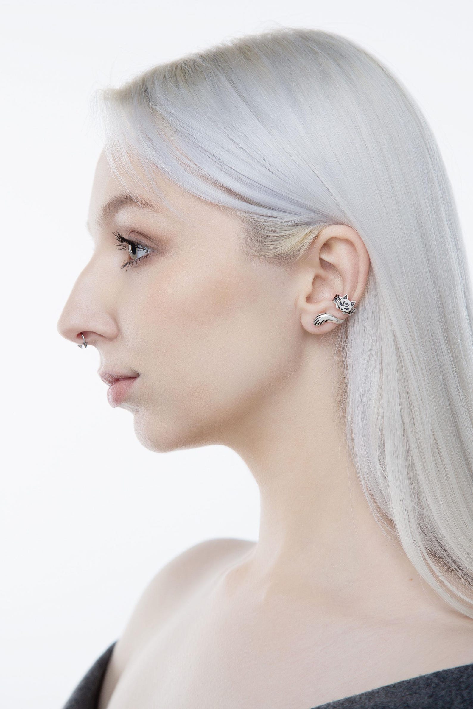 Kitsune Ear Cuff Silver Japanese Cat Earrings No Piercing Cartilage ...