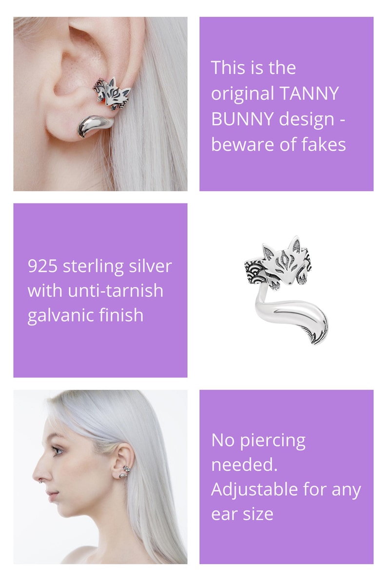 Kitsune Fox Ear Cuff Sterling Silver Cartilage Earring No Piercing ...