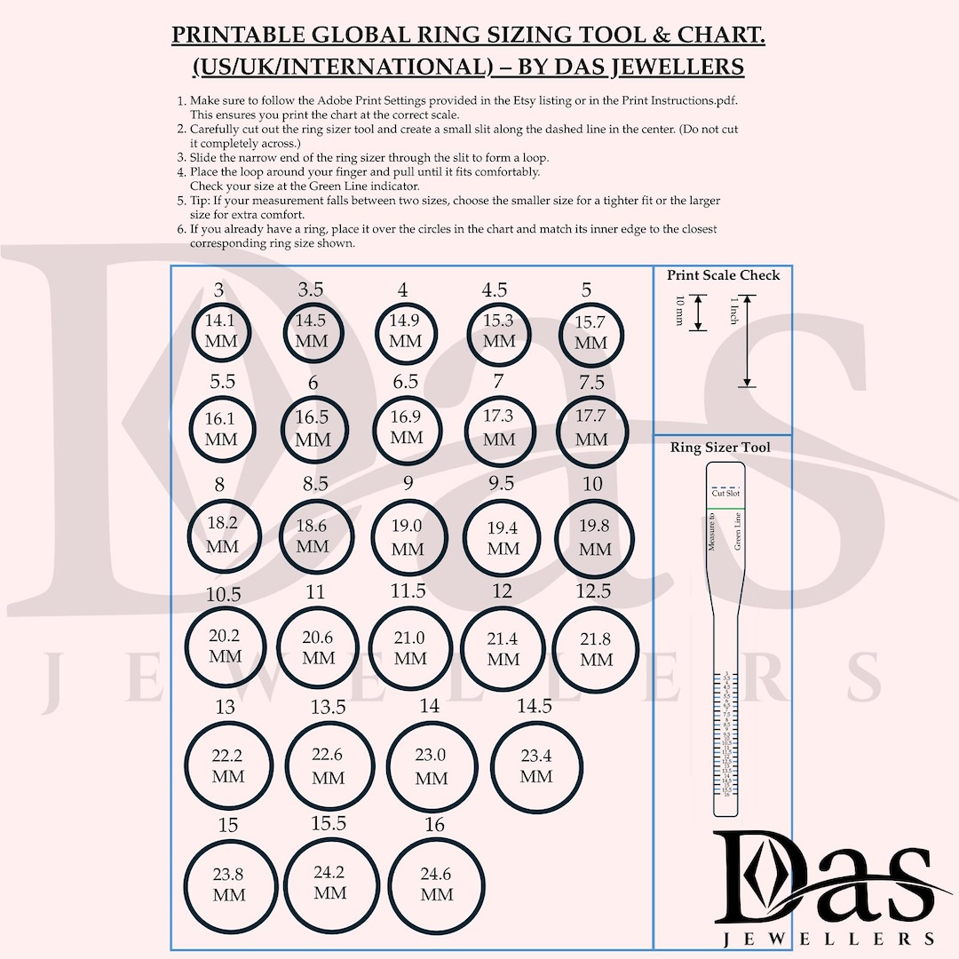 Printable Ring Sizer Tool PDF – Us/uk/international Ring Size Chart ...