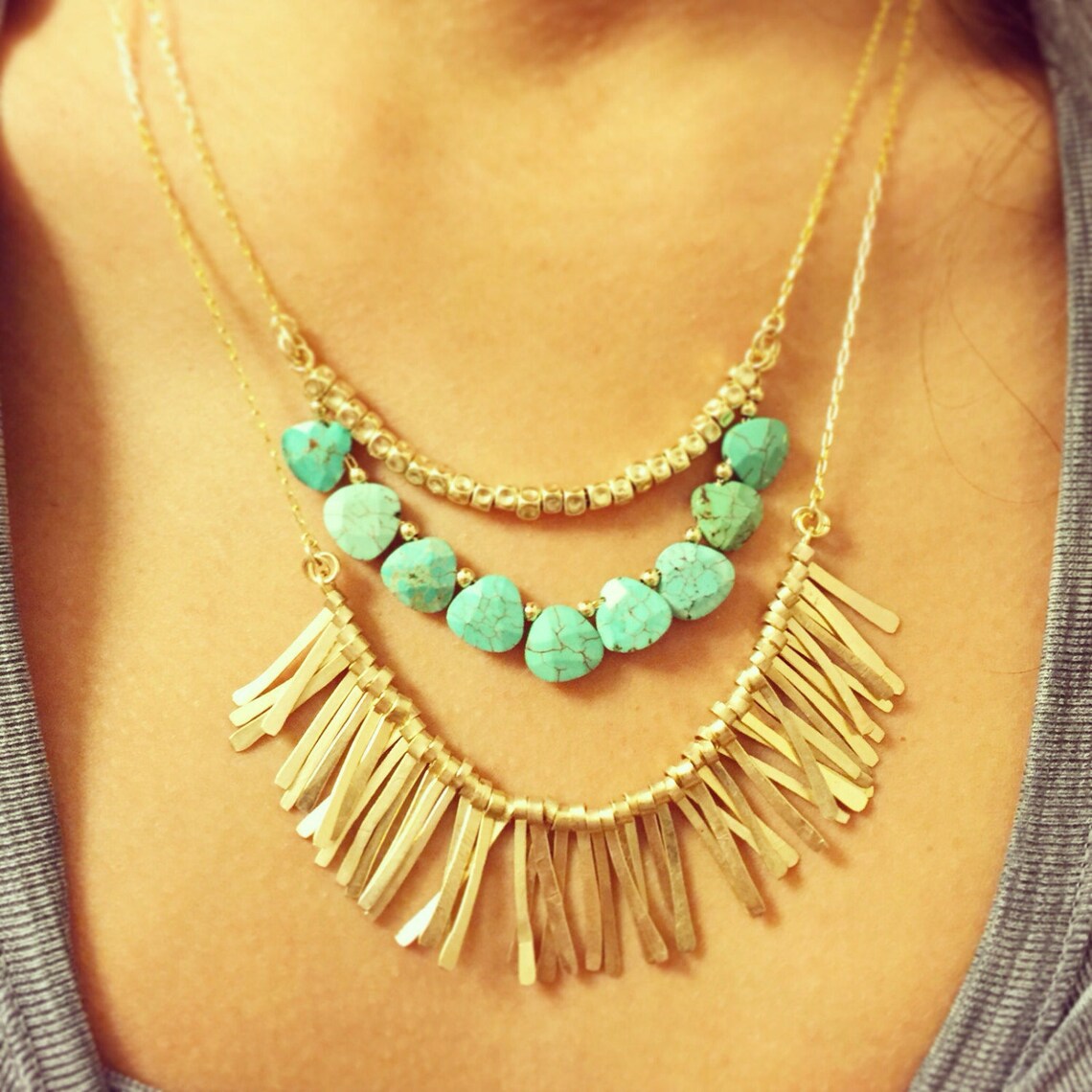 Statement Necklace Boho Necklace Gold Turquoise Necklace - Etsy Israel