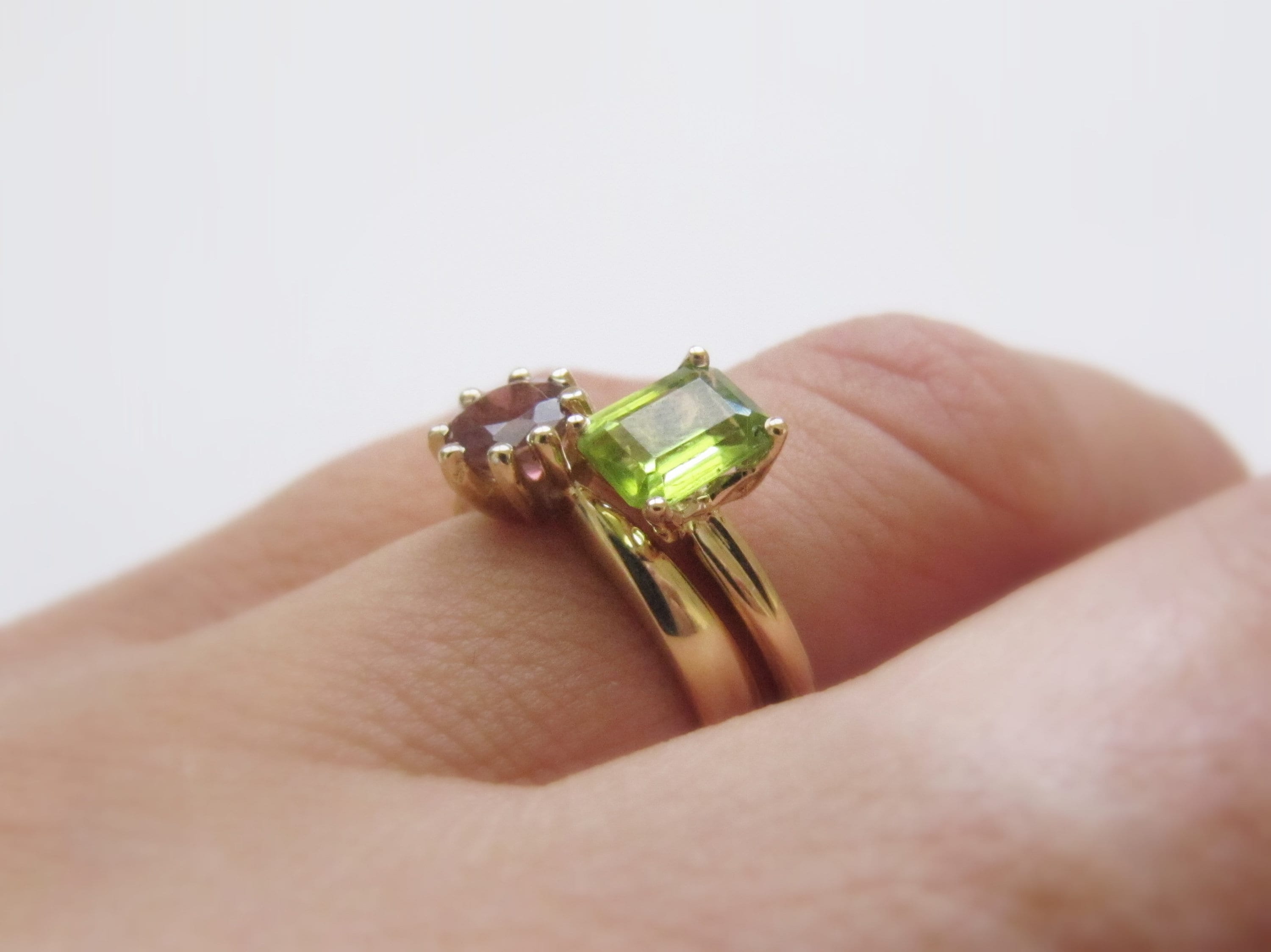 Solid gold ring set Pink tourmaline ring Gold peridot ring | Etsy