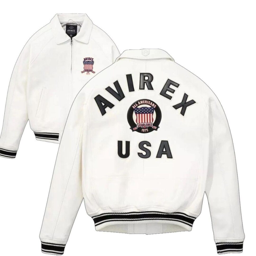 Handmade Men’s Avirex USA American Bomber Flight Jacket White Genuine ...