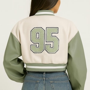 Cropped Varsity Jacket: Beige & Sage Green Letterman Bomber - Etsy