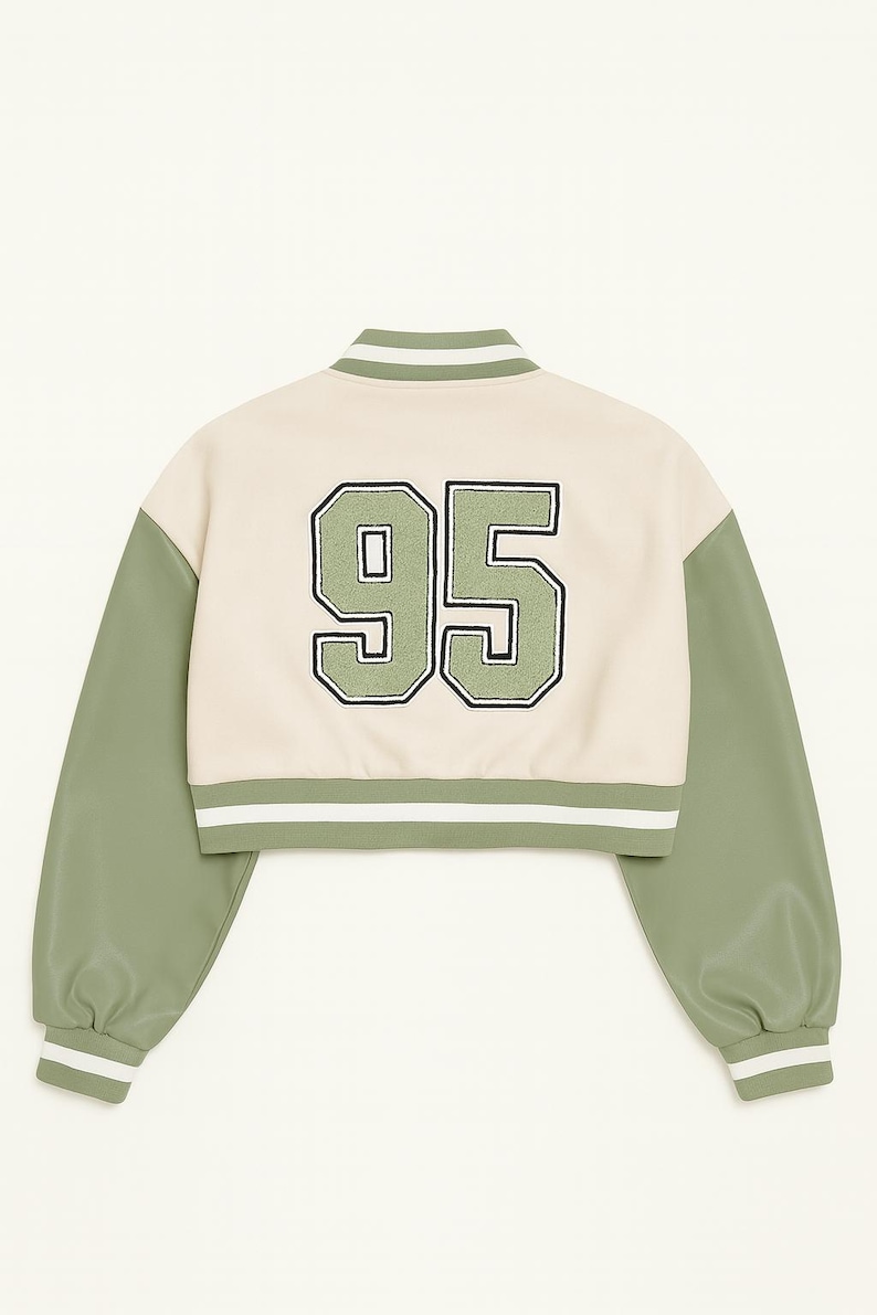 Cropped Varsity Jacket: Beige & Sage Green Letterman Bomber - Etsy