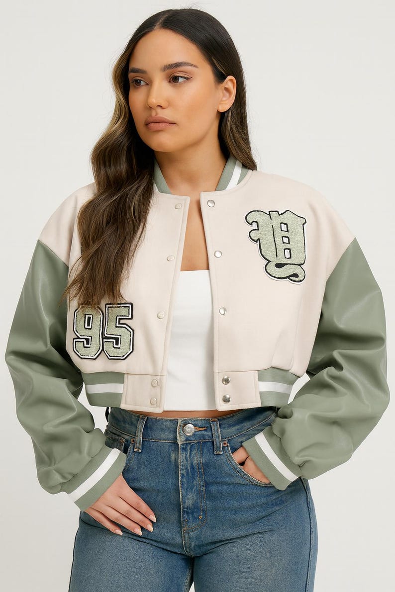 Cropped Varsity Jacket: Beige & Sage Green Letterman Bomber - Etsy