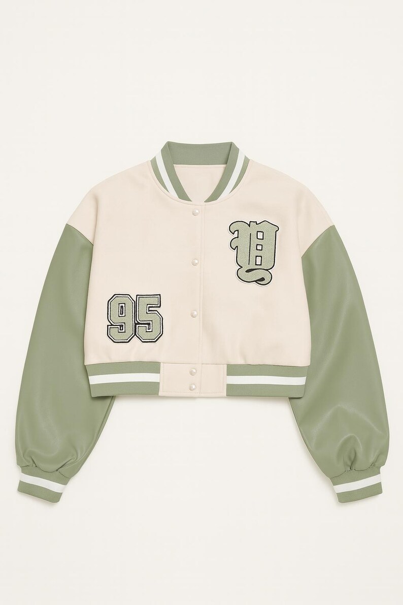Cropped Varsity Jacket: Beige & Sage Green Letterman Bomber - Etsy