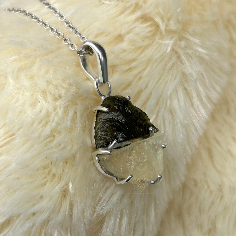 Raw Moldavite & Libyan Glass Pendant: 925 Sterling Silver, Handmade - Etsy