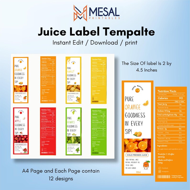 Editable Juice Bottle Label Template, Apple, Mango, Orange, Grape ...