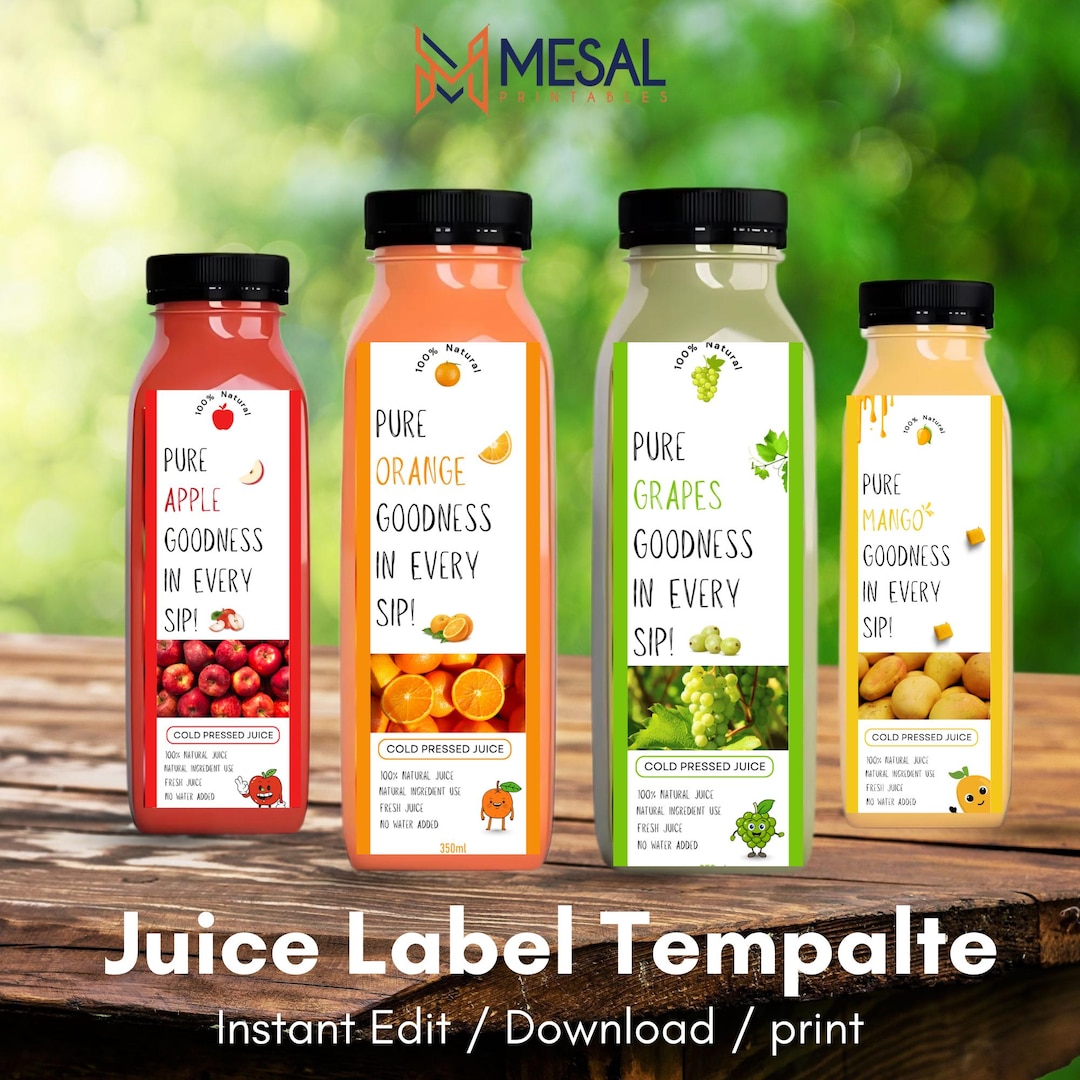 Editable Juice Bottle Label Template, Apple, Mango, Orange, Grape ...