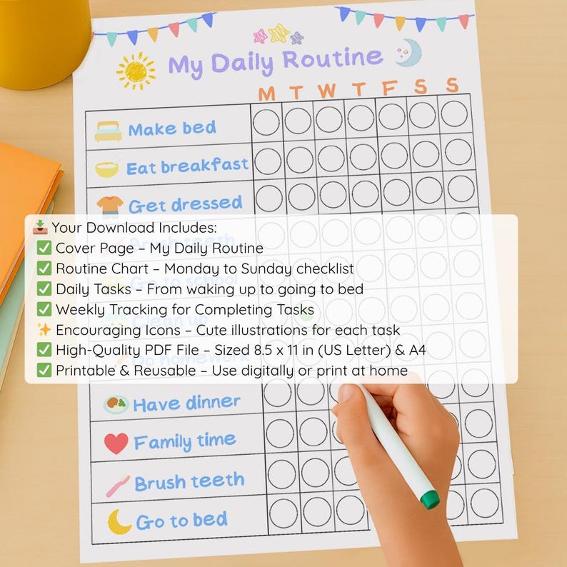 My Daily Routine Chart for Kids – Printable Chore Chart, Daily Task ...