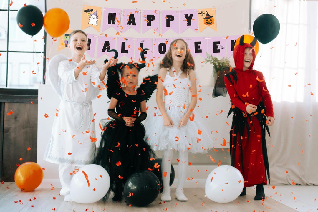 Pastel Halloween Banner for Kids – Ghost, Pumpkin, Balloons (digital ...