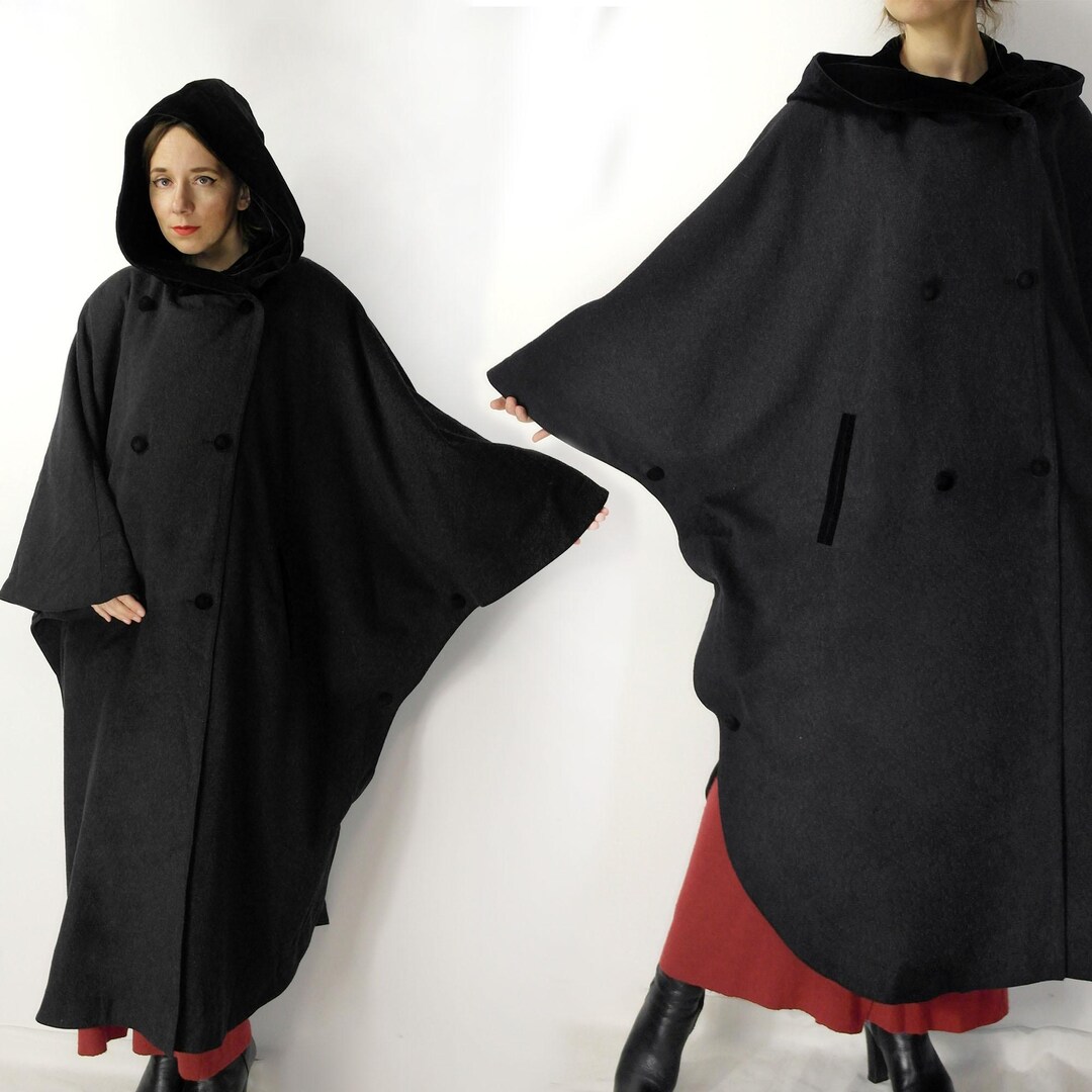 Vintage German Loden Frey Grey Wool Cape Long Velvet Hooded Cloak Size ...
