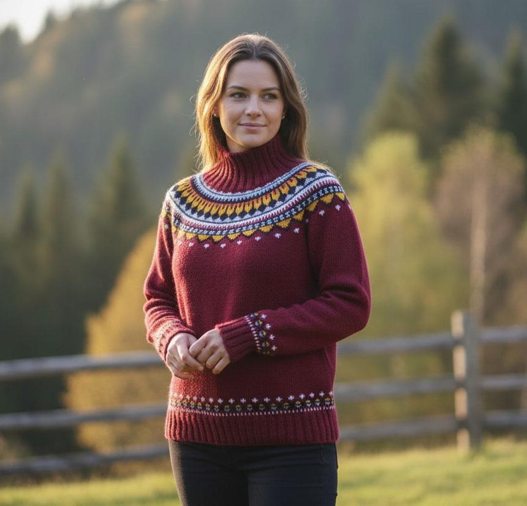 Vintage Fair Isle Yoke Wool Sweater / Hand Knit Burgundy Nordic Colour ...