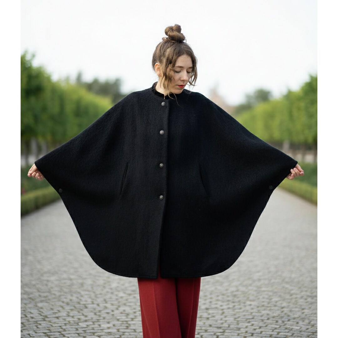 Vintage Steiner Loden Wool Poncho Coat Black | Minimalist German Wool ...