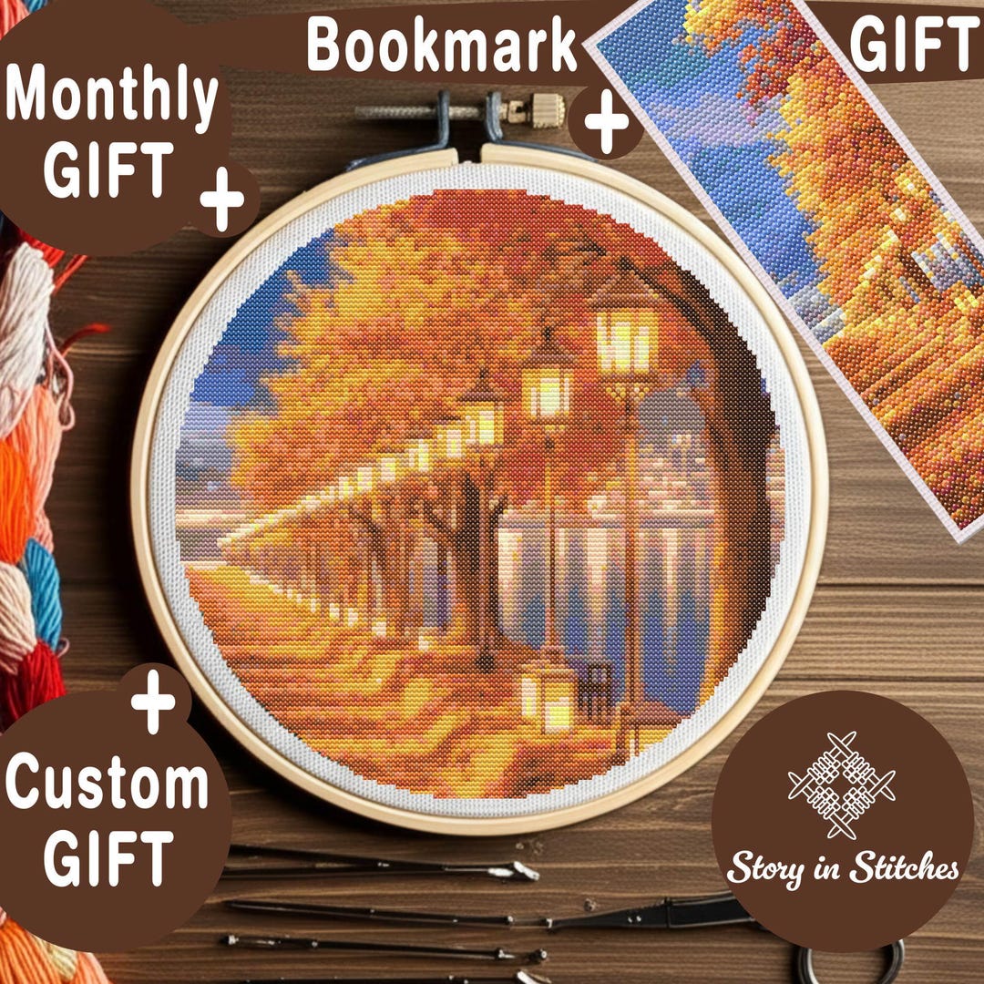 Autumn Lantern Path Cross Stitch Pattern, Fall Evening Walk by Lake ...