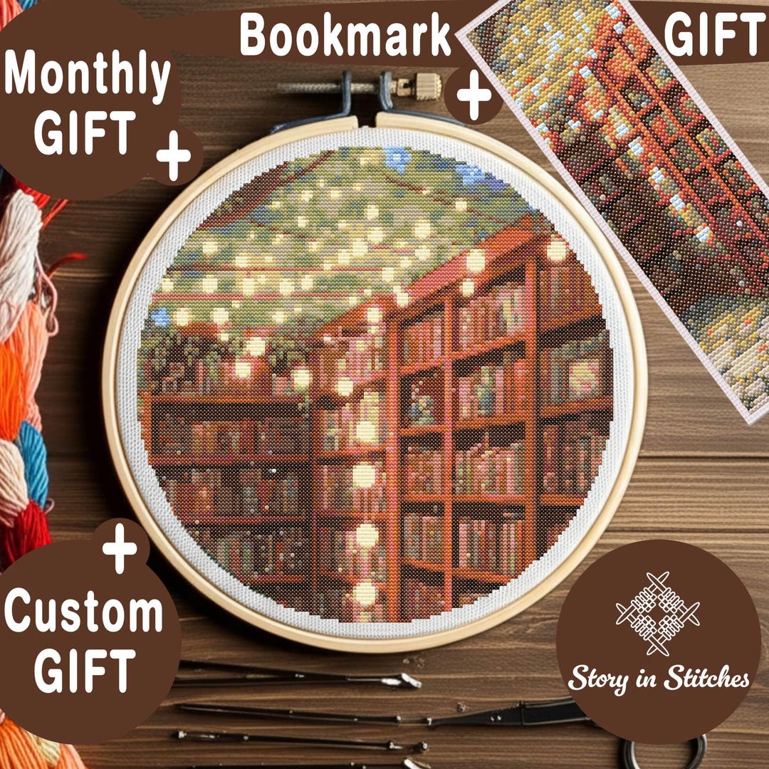 Enchanted Library Cross Stitch Pattern, Magical Bookshelf With Fairy ...
