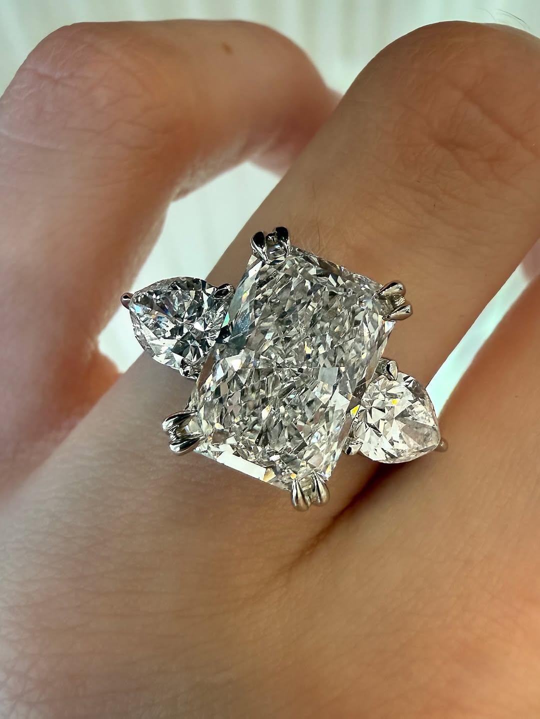 Radiant Cut Moissanite Engagement Trinity Ring: Pear Cut Side Stones in ...